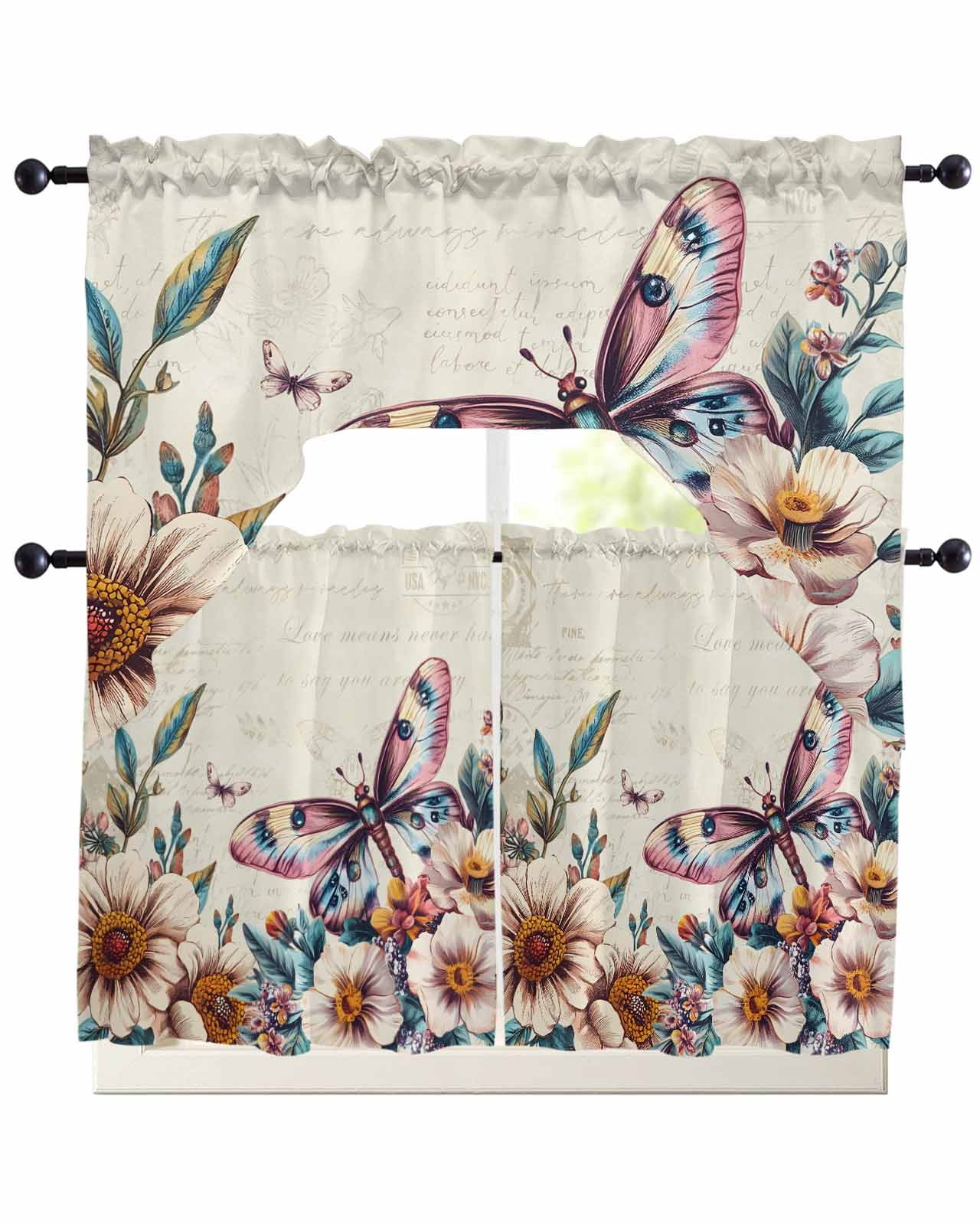 American Vintage Flowers Swag Valance and Tier Curtains Set Country ...