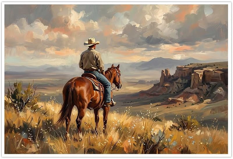 American West Cowboy Horseback Riding Desert Mountain Canvas Wall Art ...