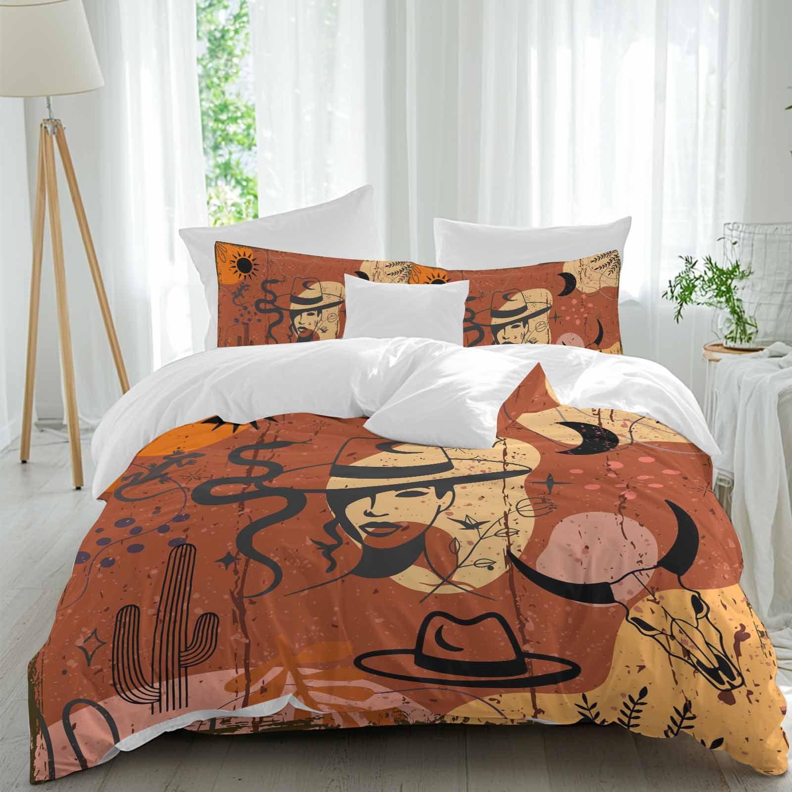 American Wild West Cowboy Abstract Cow Queen Size Bed Set,Desert ...