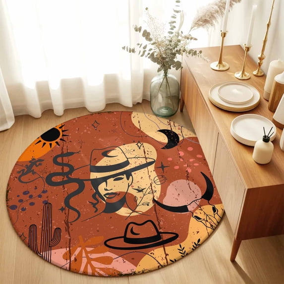 American Wild West Cowboy Abstract Cow Round Rug 3ft Desert Bohemian ...