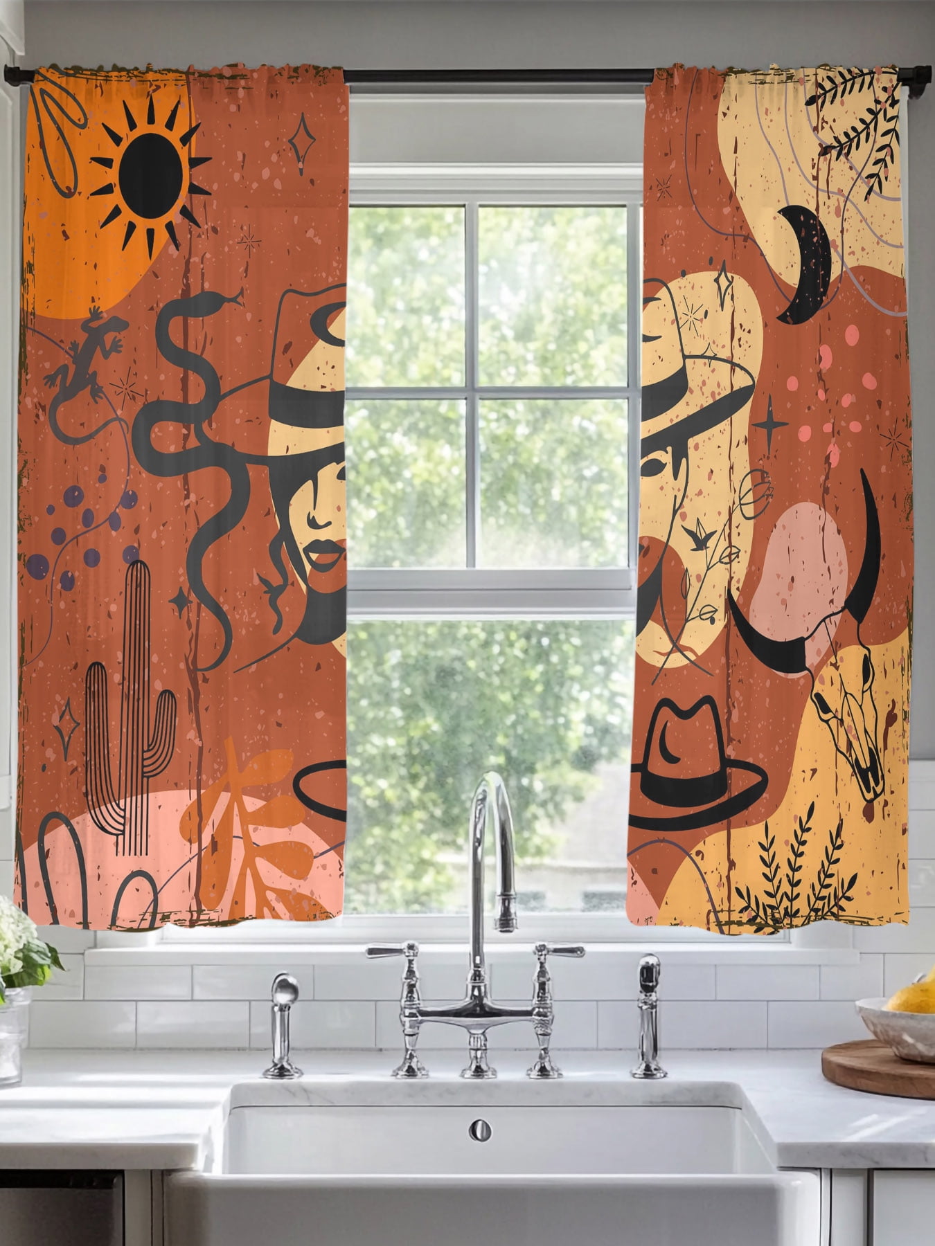 American Wild West Cowboy Abstract Cow Sheer Curtains 2 Panels Set ...