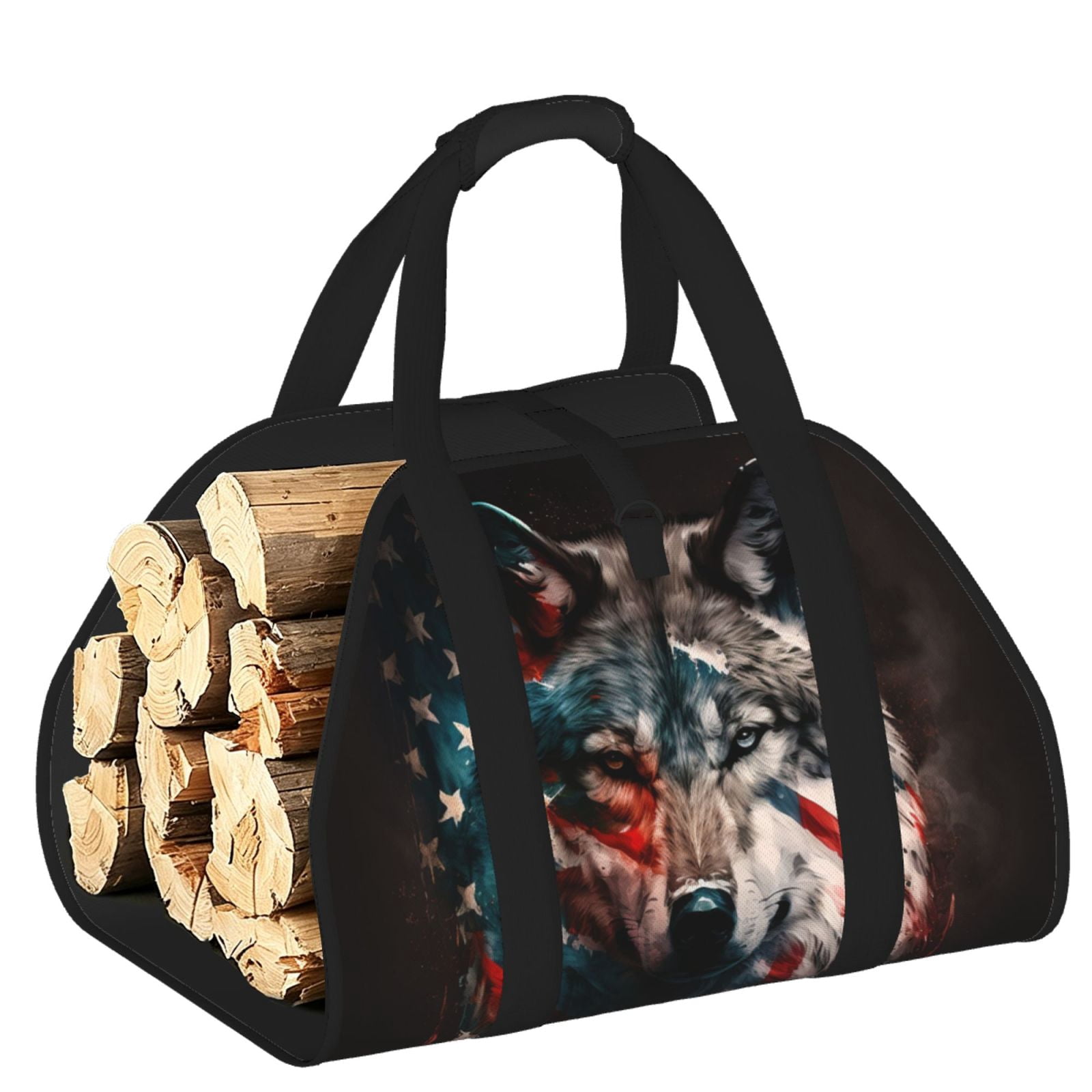 American Wolf USA Flag Heavy Duty Firewood Log Carrier Bag, Fireplace ...
