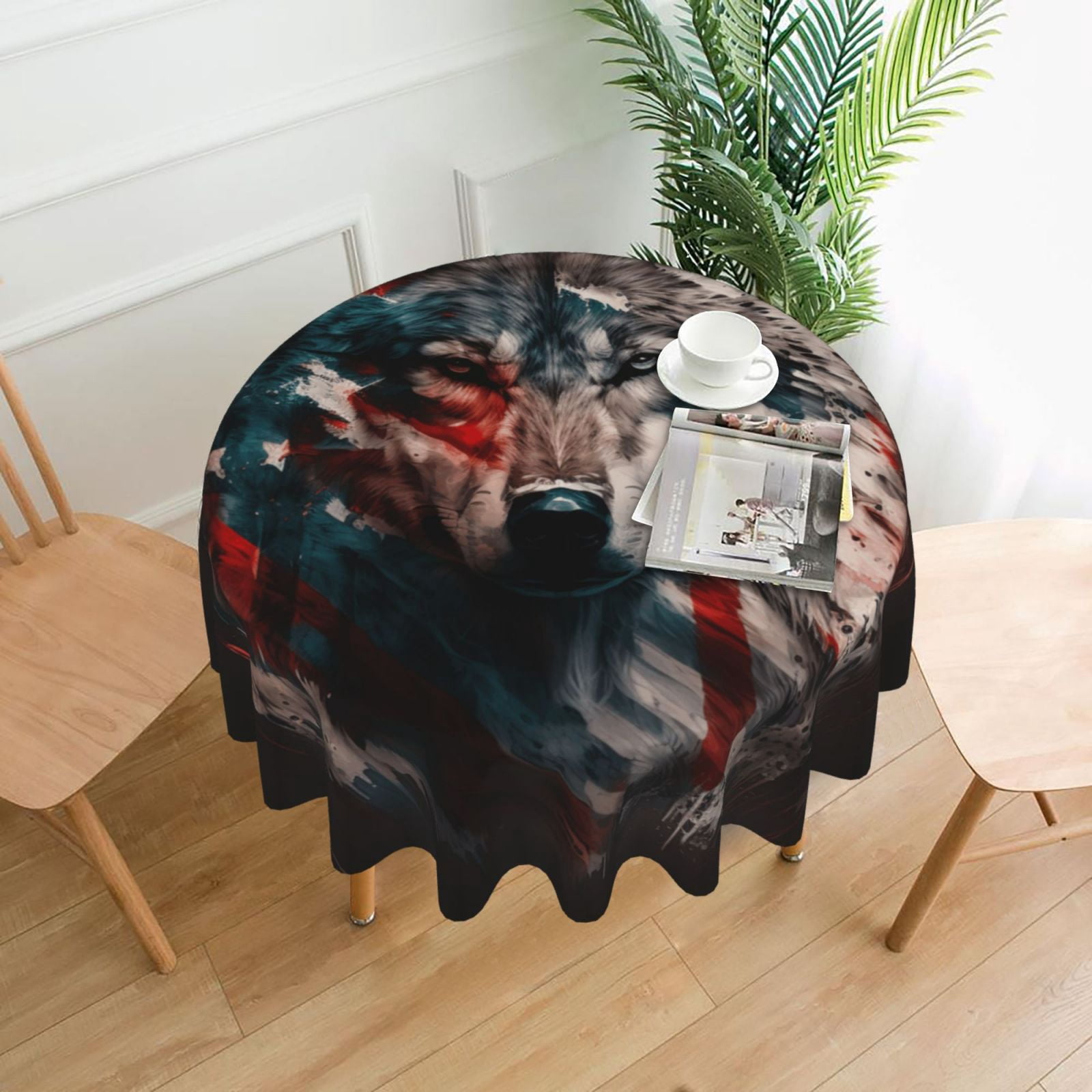 American Wolf USA Flag Tablecloths Round 60 inch Fabric Table Cloth ...
