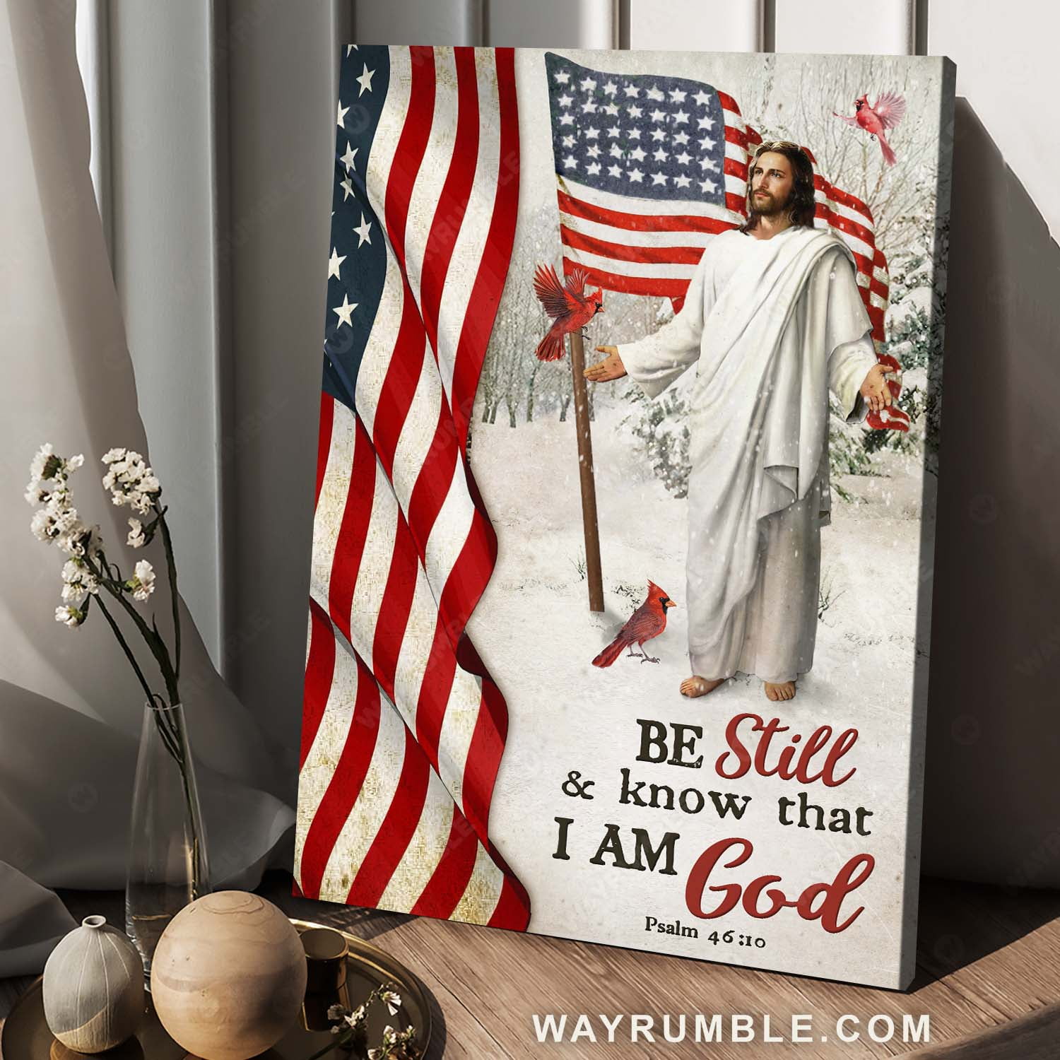 American flag, Red cardinal, Snow forest, Jesus painting, Be still ...