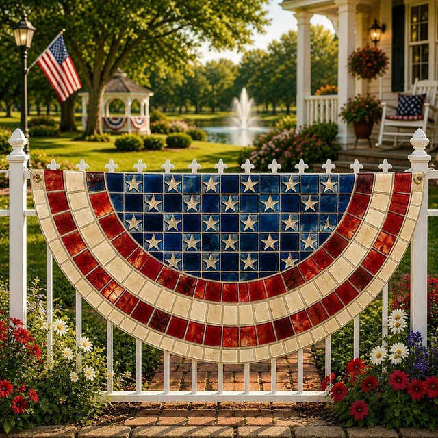 American flag Semicircle Fence flag, Patriotic Mosaic Style Outdoor ...