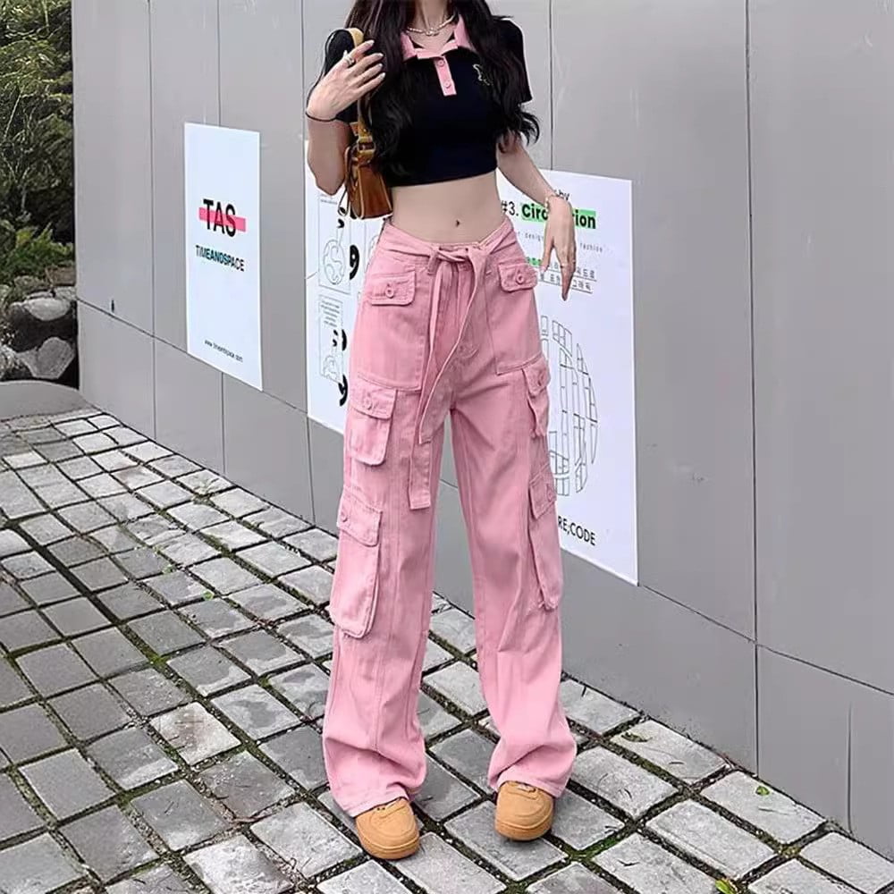 American retro multi pocket craft work pants, women's cool street style ...