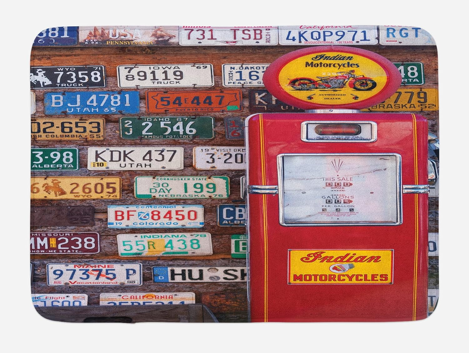 Americana Bath Mat, Various Old American License Plates Behind Antique ...