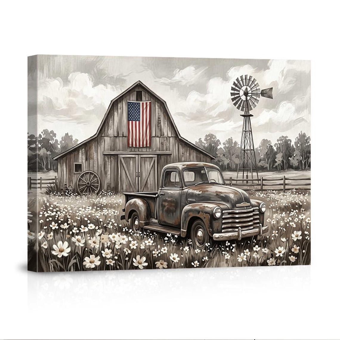 Americana Farmhouse Vintage Truck With American Flag Rustic Country ...