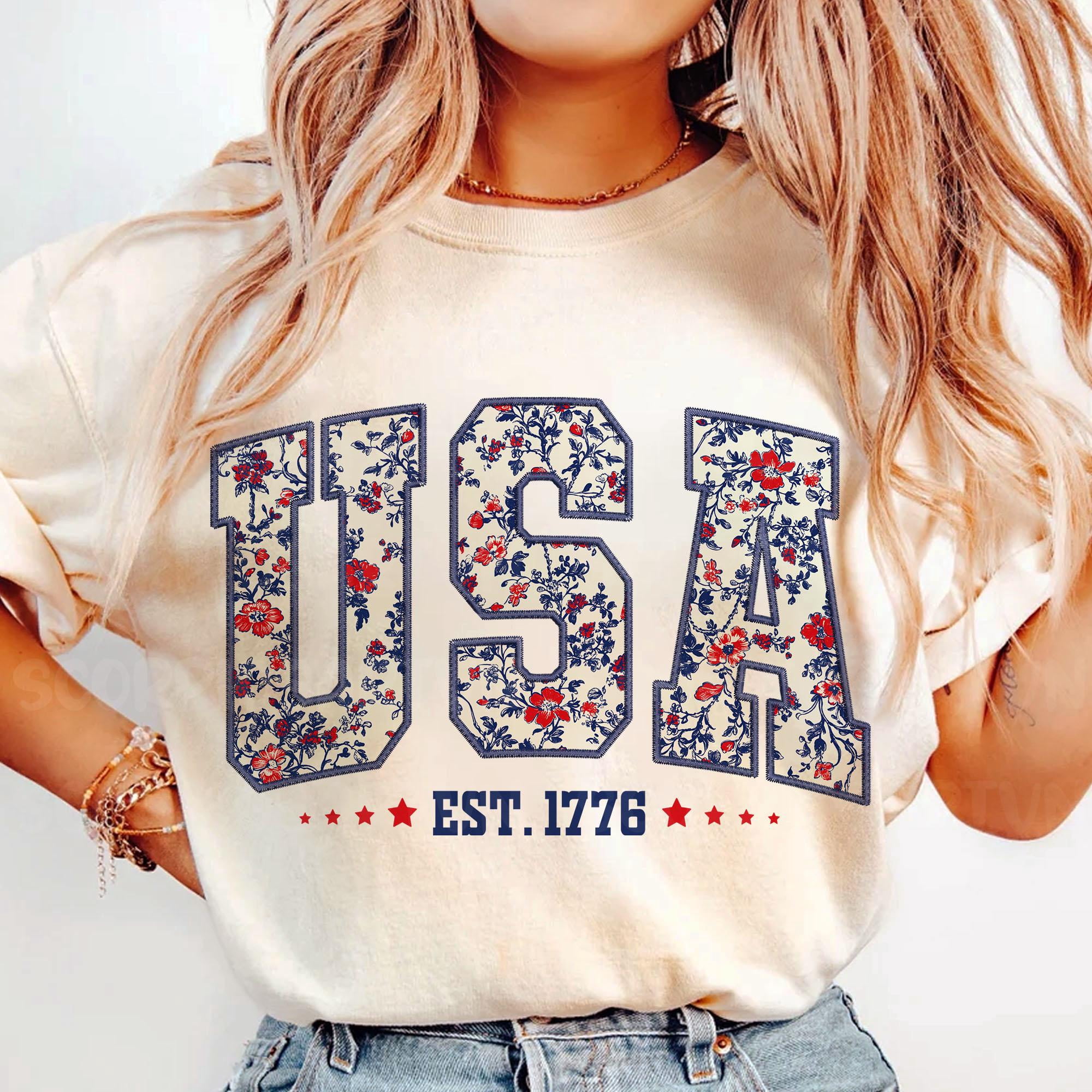Americana Floral Tee Coquette USA Graphic Tee, Patriotic Fourth Of July ...