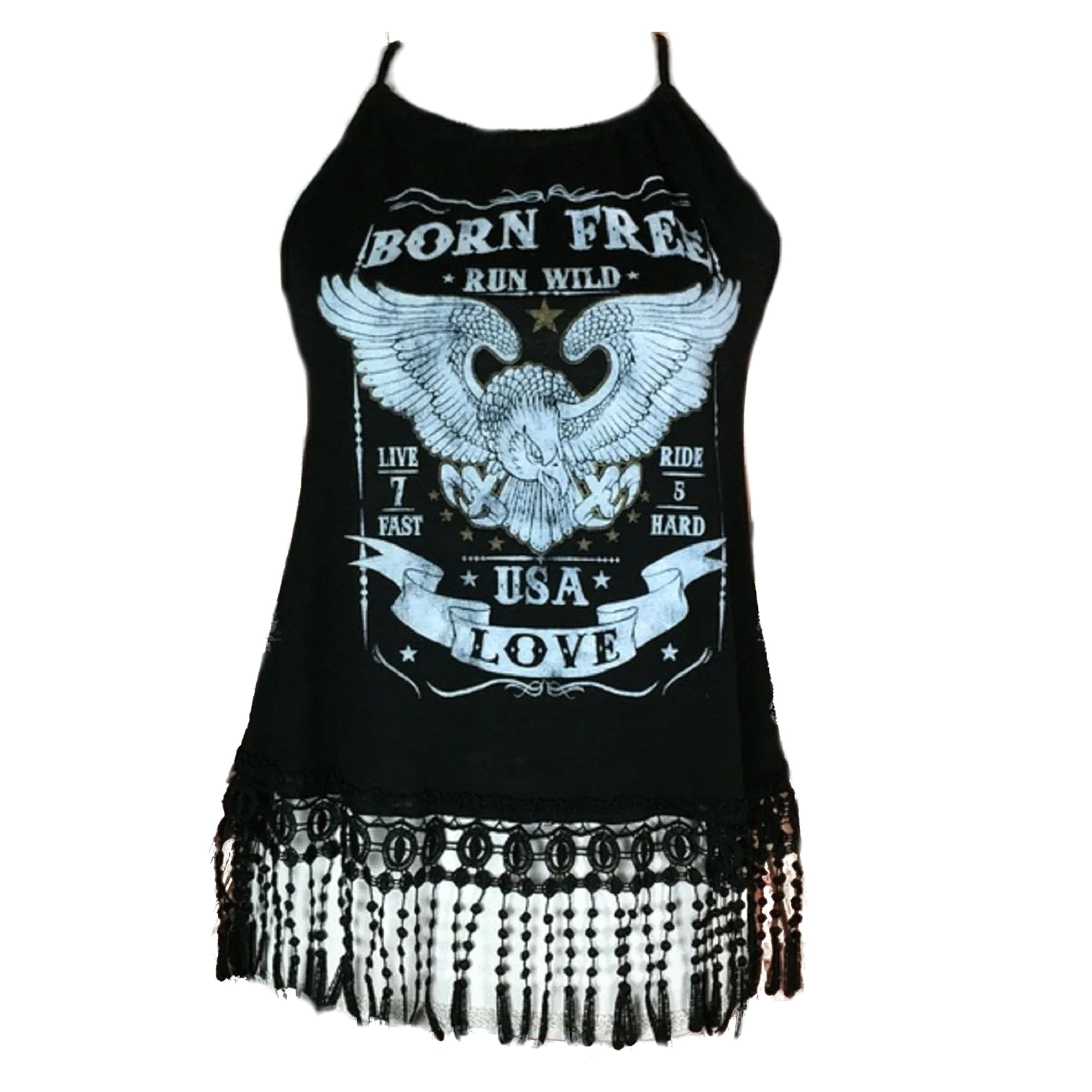 Americana Graphic Born Free Run Wild Fringe Junior Women's Trim Halter ...