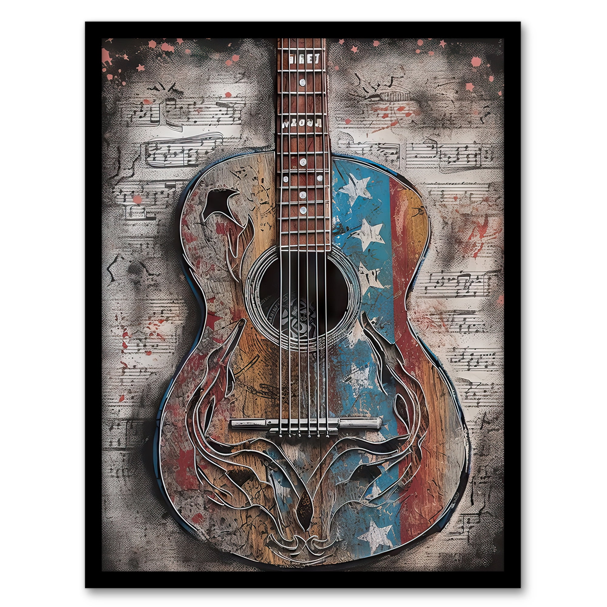 Americana Music Painting American Flag Acoustic Guitar Pastel Artwork ...