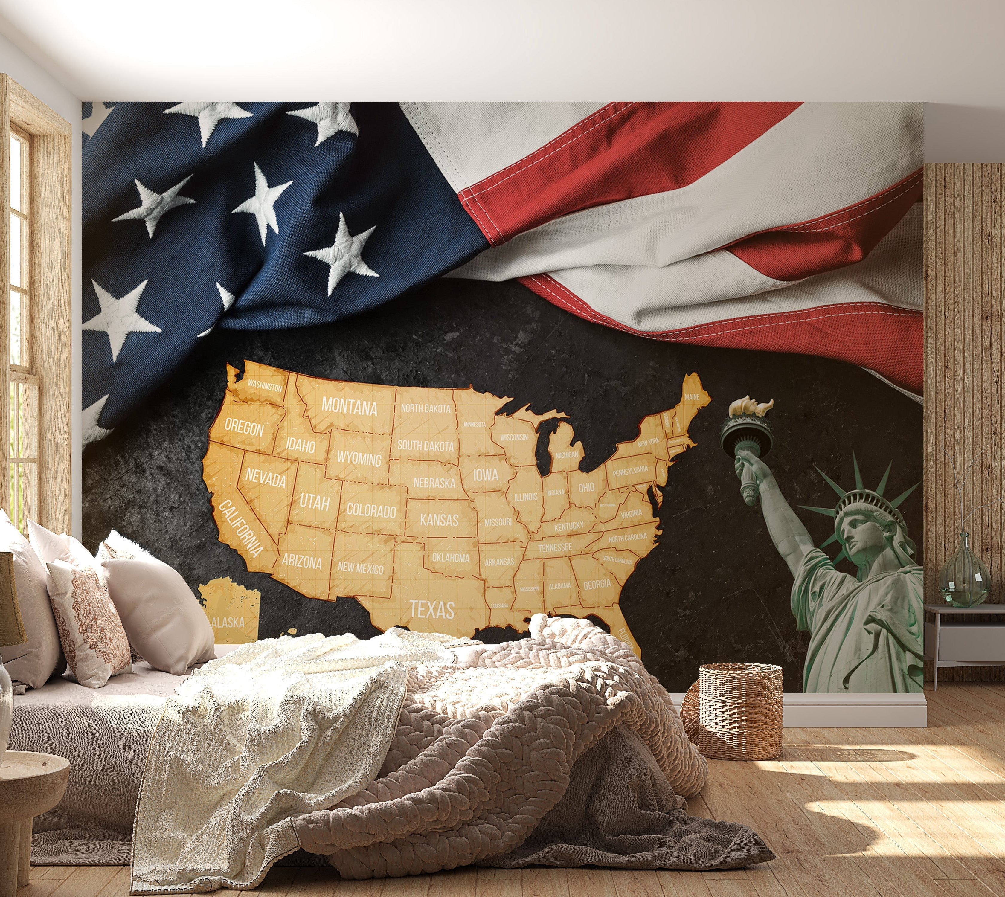Americana Non-pasted Wallpaper Wall Mural - USA Map With Flag And ...