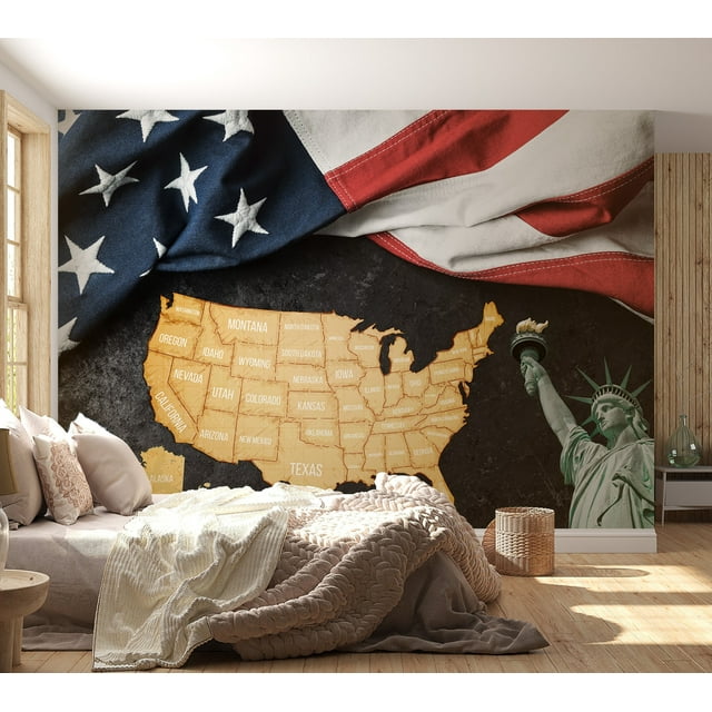Americana Non-pasted Wallpaper Wall Mural - USA Map With Flag And ...