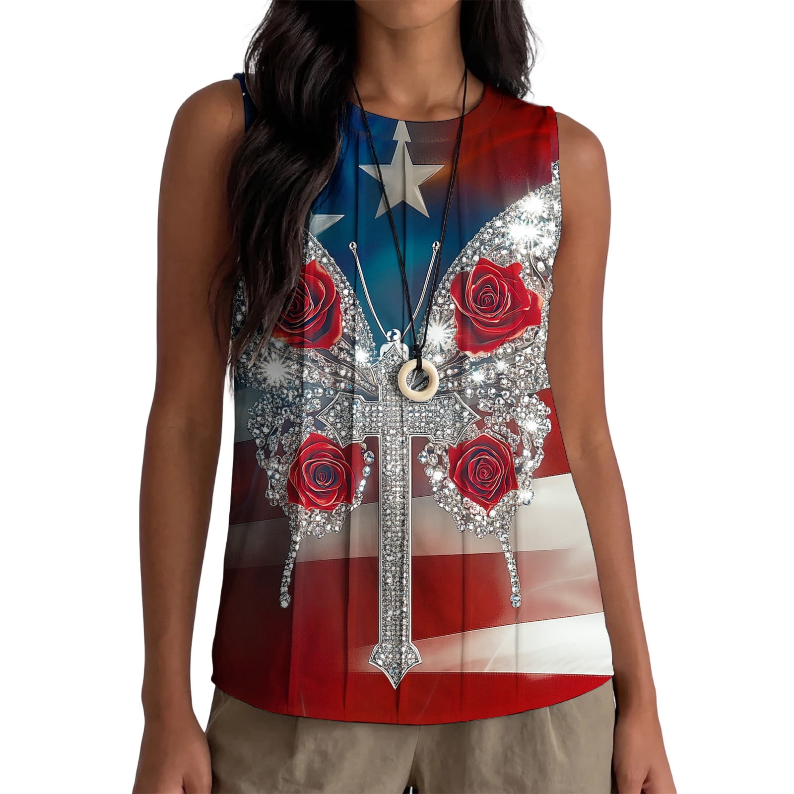 Americana Shirts For Women Plus Size Sleeveless Crew Neck Women's ...