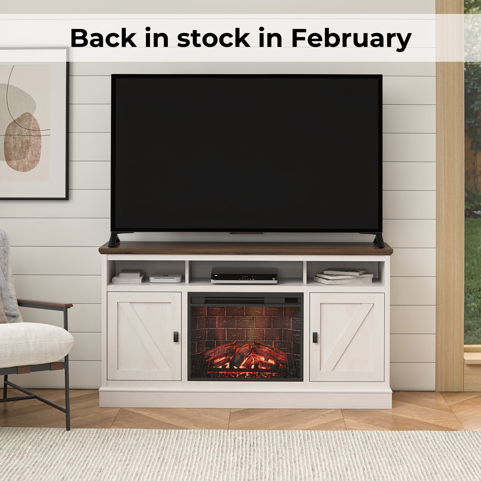 Ameriwood Home Ashton Lane Electric Fireplace TV Stand for TVs up to 65", Magnolia Oak/Columbia ...