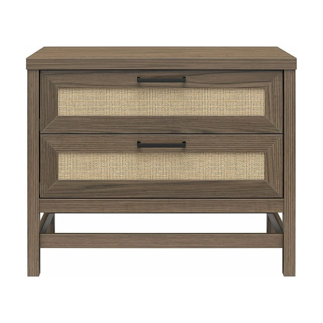 Ameriwood Home Lennon 2 Drawer Nightstand, Medium Brown, Faux Ratan, Boho-Chic, Laminated MDF ...