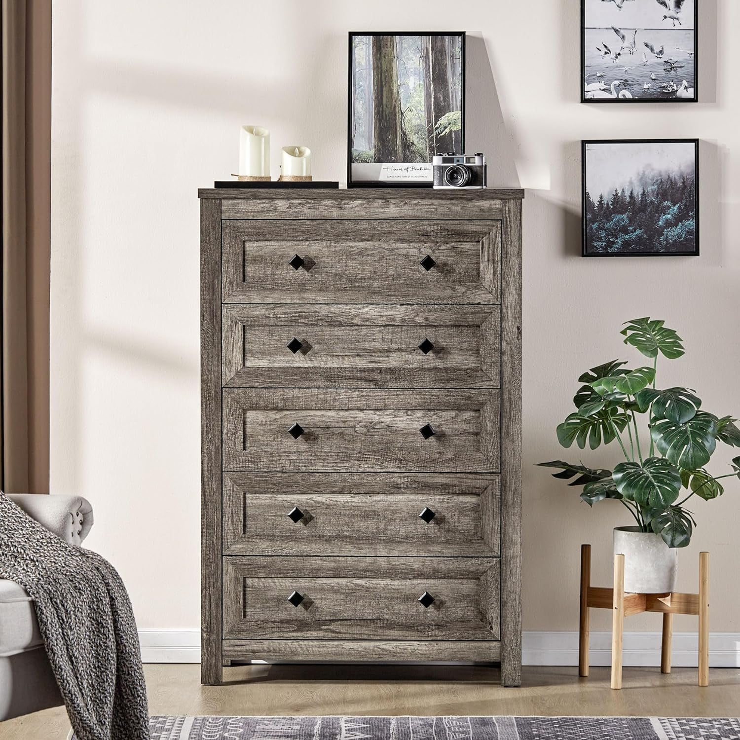 Amerlife 5 Drawers Dresser for Bedroom, Wood Tall Dresser with Vintage ...