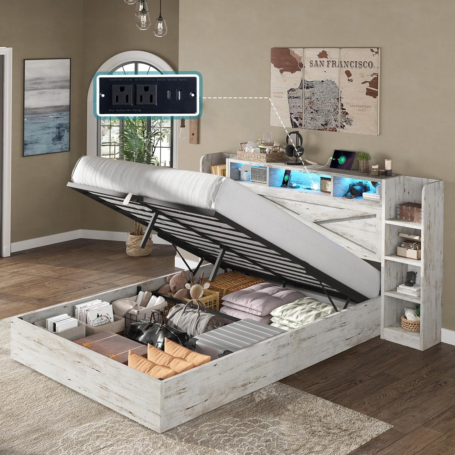 Amerlife Full Size Bed Frame with Lift Up Storage & Bookcase Headboard ...