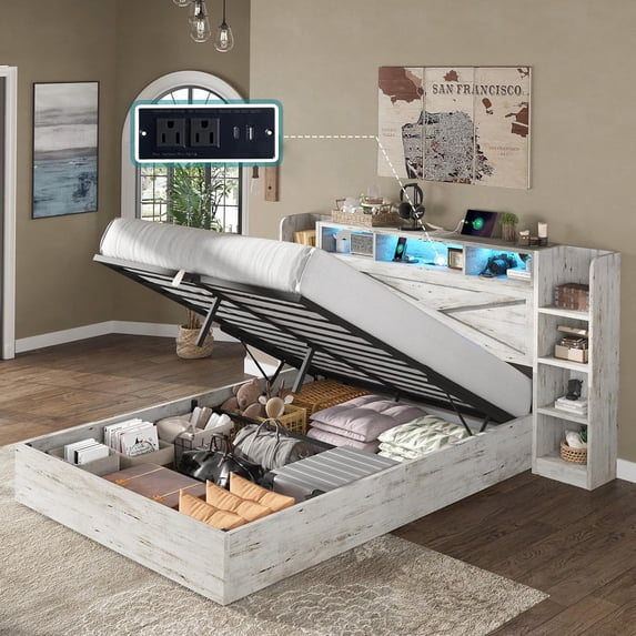 Amerlife Full Size Bed Frame with Lift Up Storage & Bookcase Headboard ...