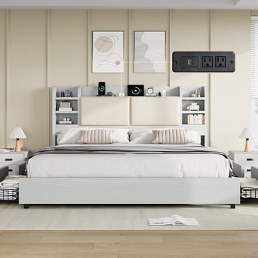 VanAcc King Size Bed with 49.6" Bookcase Headboard, Dual Side Storage ...