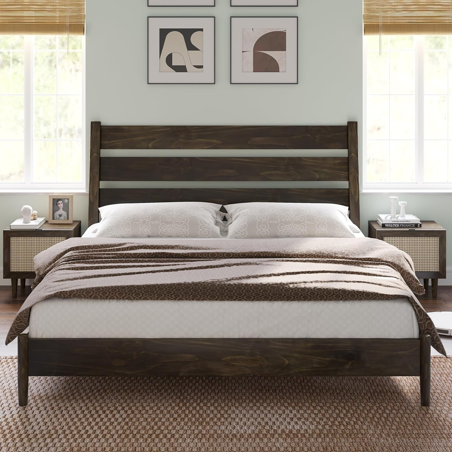 Amerlife King Size Solid Wood Bed Frame, Mid Century Platform Bed with ...