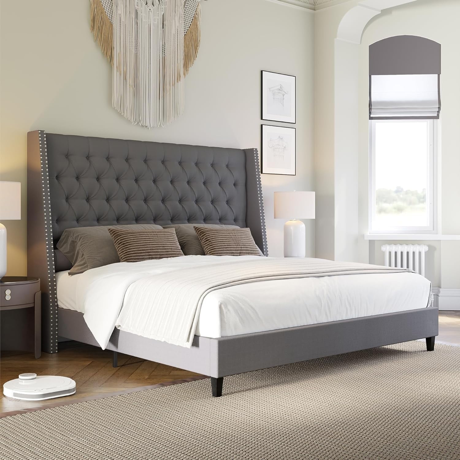 Merluxy Queen Size Nail Button Tufted Wingback Bed Frame, Linen ...