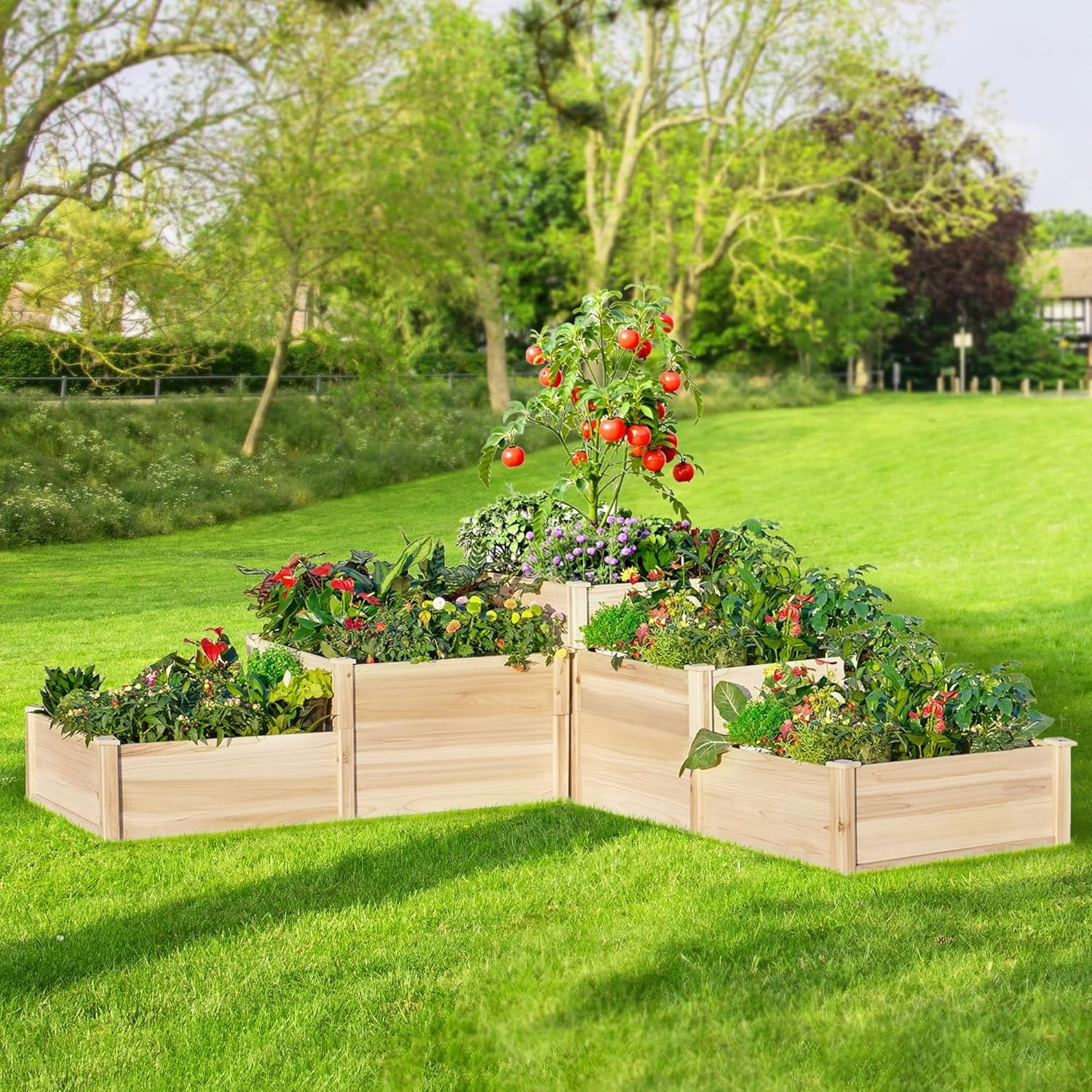 Amerlife Raised Garden Bed Outdoor Gardening, 28 Inch Depth 3-Tier Wood ...