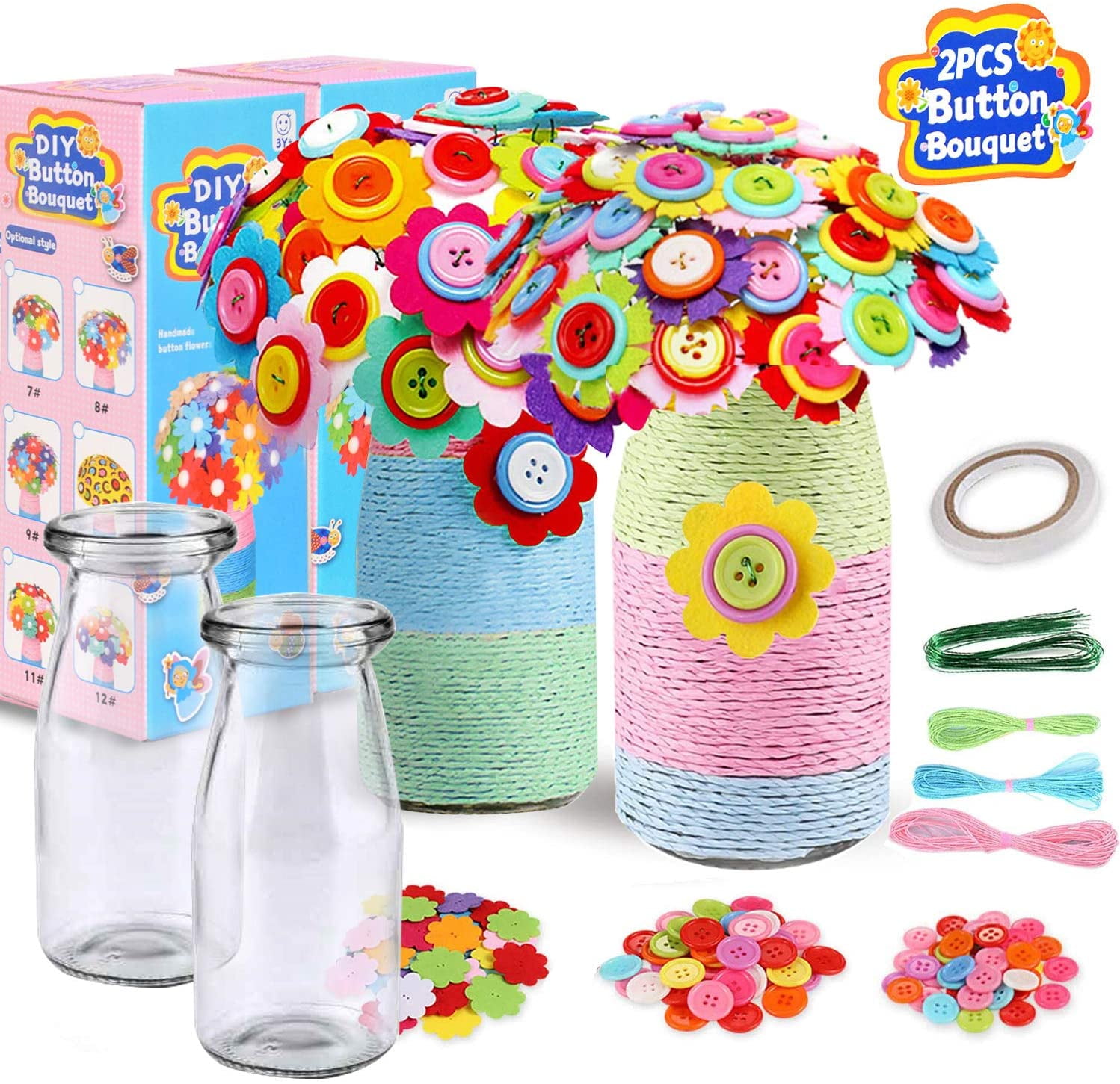 Amerteer 2 Pcs Flower Craft Kit for Kids - Colorful Button & Felt Flowers, Vase Art Toy & Craft ...