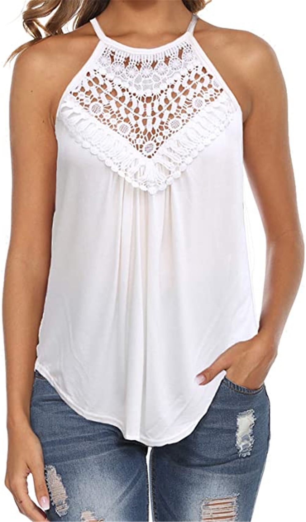 Amerteer Women's Casual Summer Cute Lace Halter Neck Flowy Pleated ...