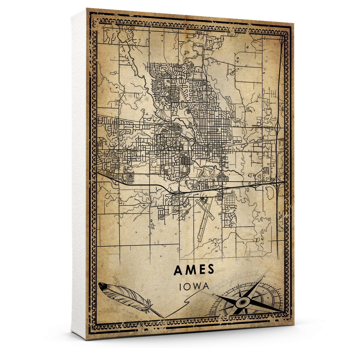 Ames Vintage Map Prints Canvas, Iowa Map Art Canvas, Canvas, Ames Map ...