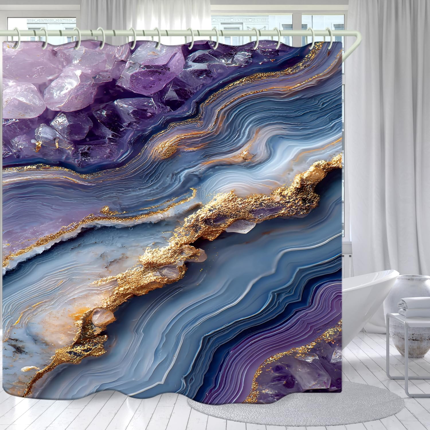 Amethyst Agate Gold Foil Shower Curtain Set (with 12 White C-Hooks ...