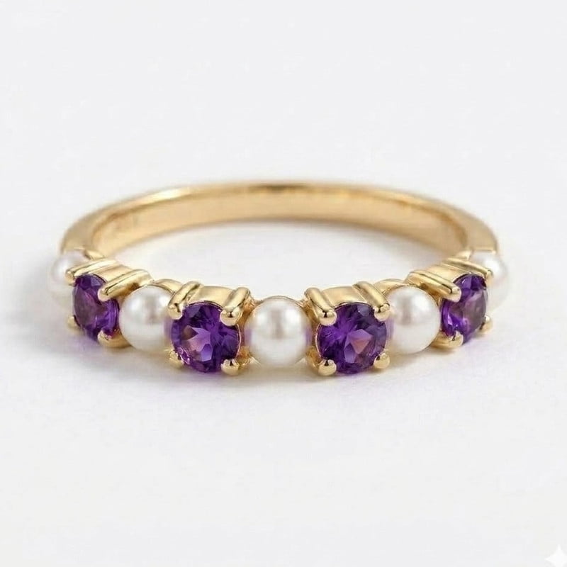 Amethyst And Pearl Engagement Ring, Slim Band Ring, Half Eternity Band ...