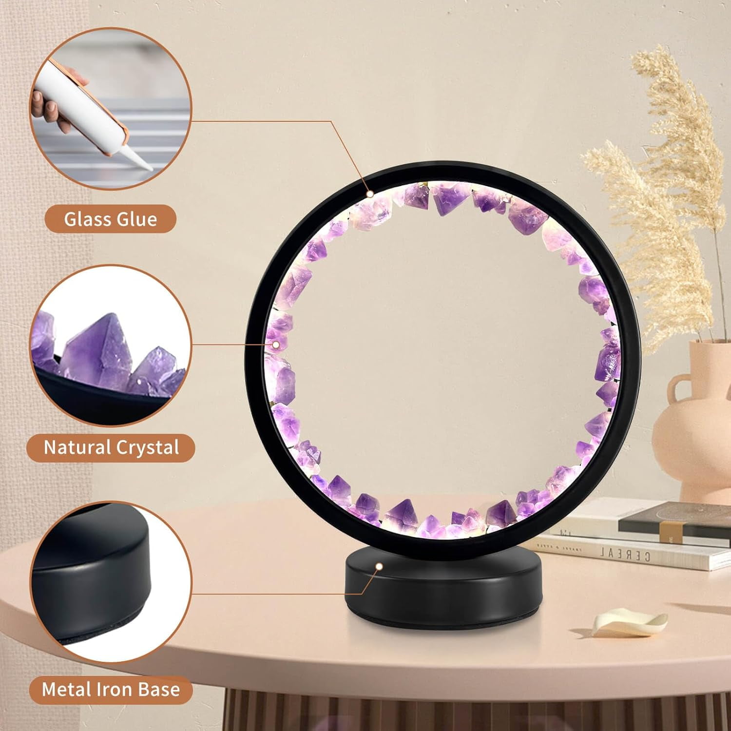 Amethyst Bedside Lamp, Healing Night Light, 3-Colors Ambient Lighting ...