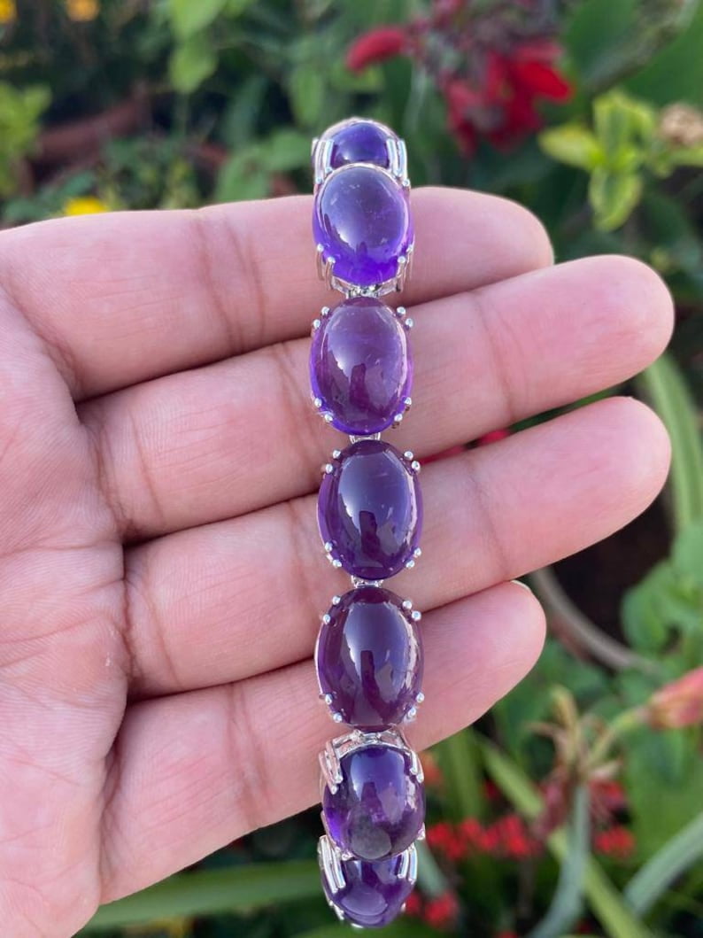 Amethyst Bracelet- Silver Amethyst Bracelet- Amethyst Jewelry- Big Bracelet- Amethyst Oval ...