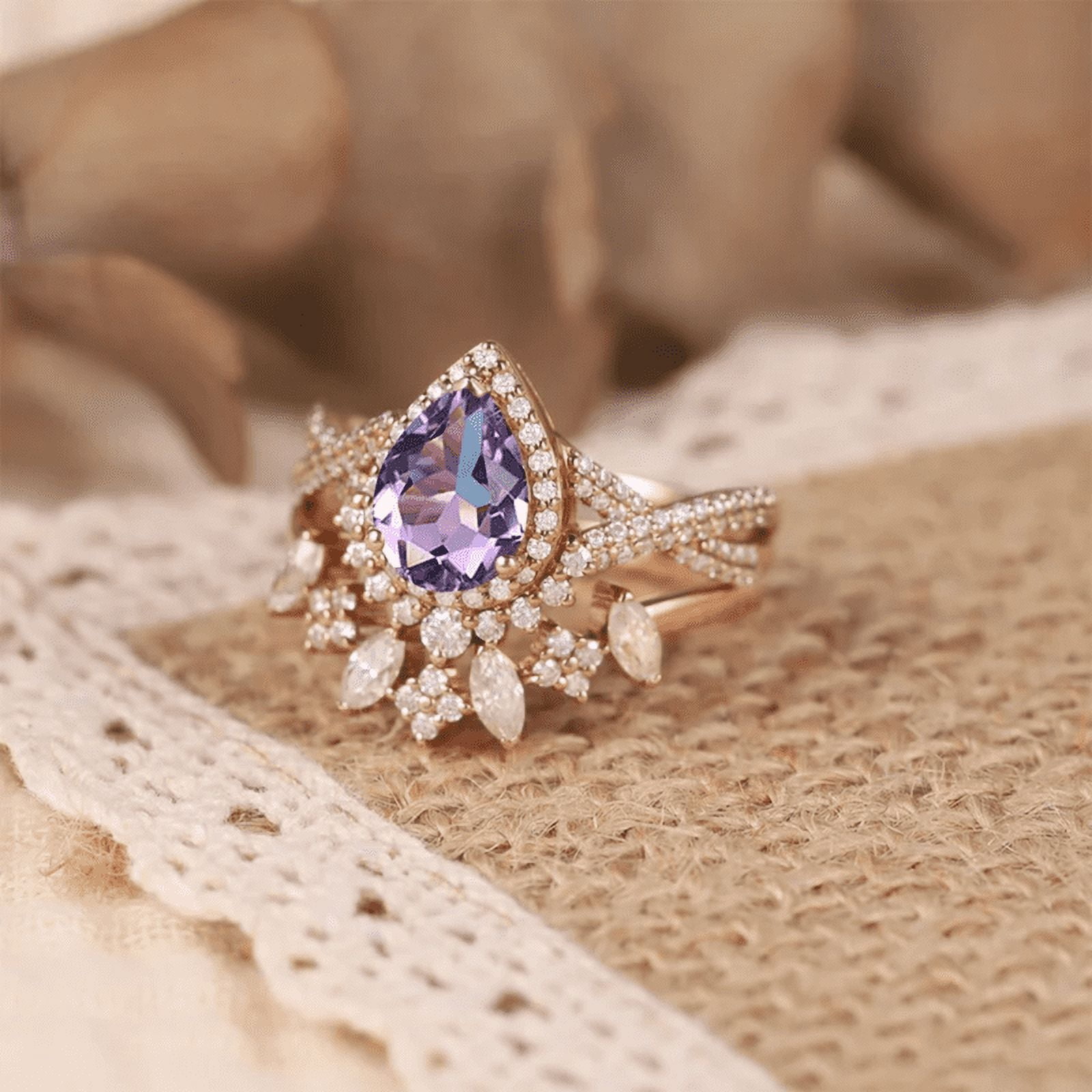 Amethyst Bridal Set Delicate Pear Amethyst Wedding Ring - Chevron ...