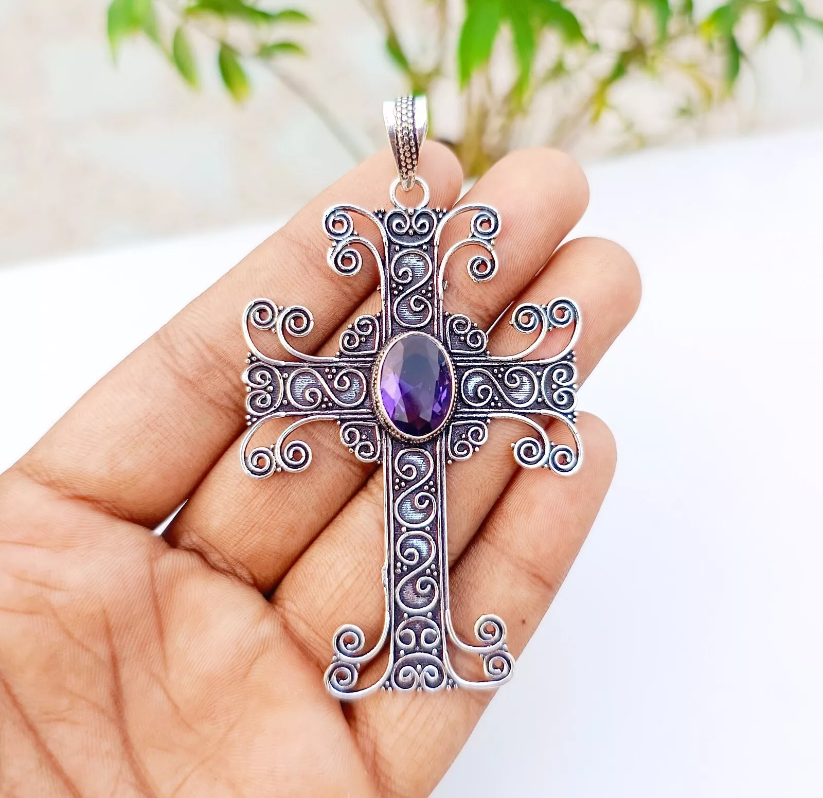 Amethyst Cross Pendant 925 Sterling Silver Handmade Gemstone Jewelry 3. ...