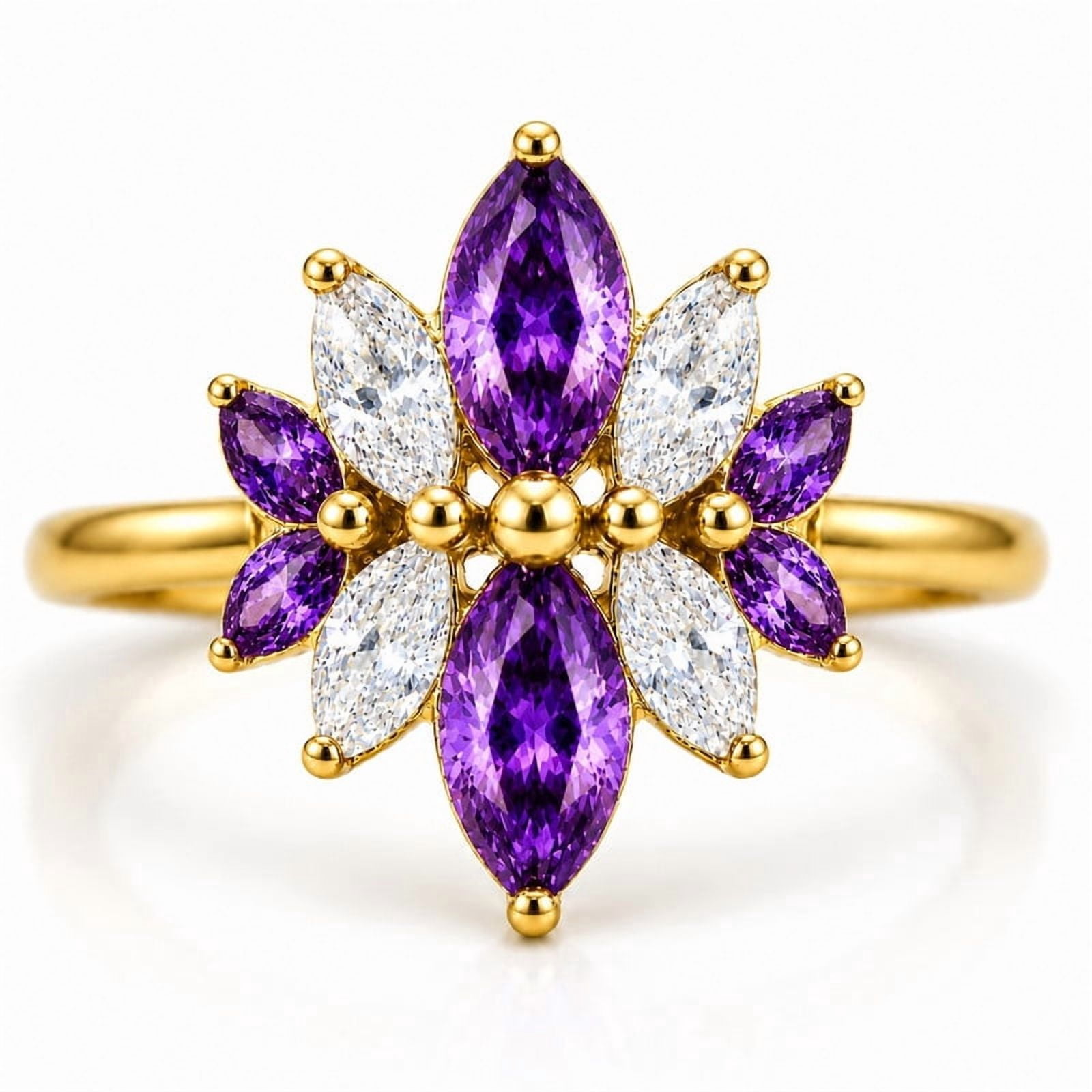 Amethyst & Diamond Floral Ring, Elegant Wedding Ring, Marquise Gemstone ...
