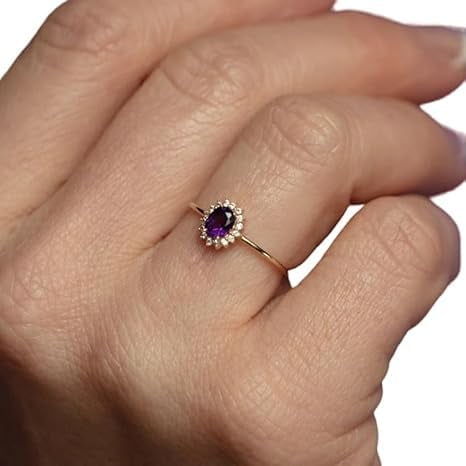 Amethyst Gemstone Ring, Natural Amethyst & CZ Tiny Ring, February ...