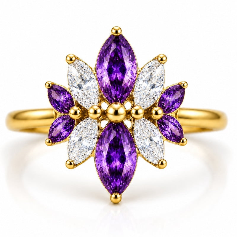 Amethyst & Pearl Floral Ring, Elegant Wedding Ring, Marquise Amethyst ...