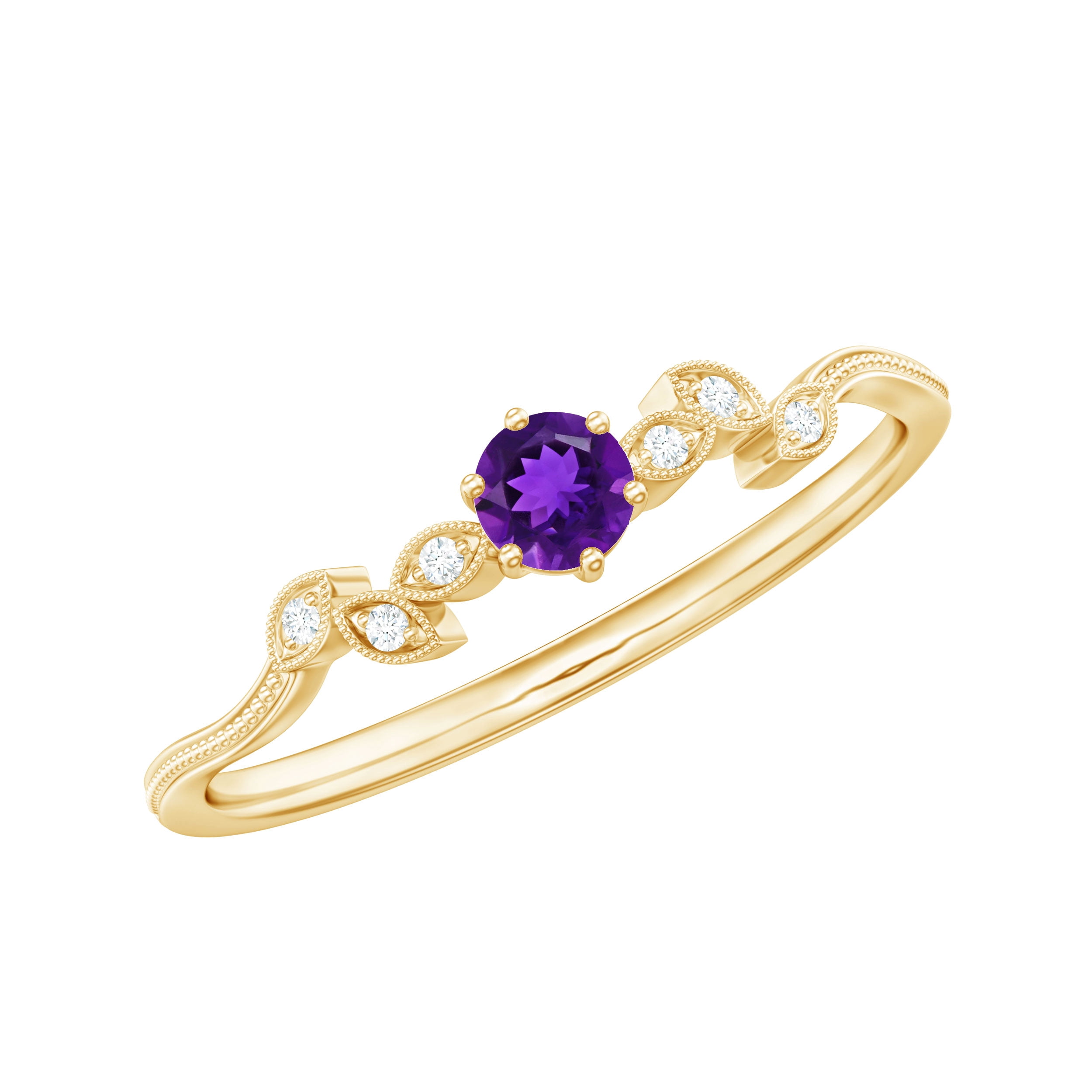 Rosec Jewels Amethyst Promise Ring with Diamond for Women, Beaded Leaf ...