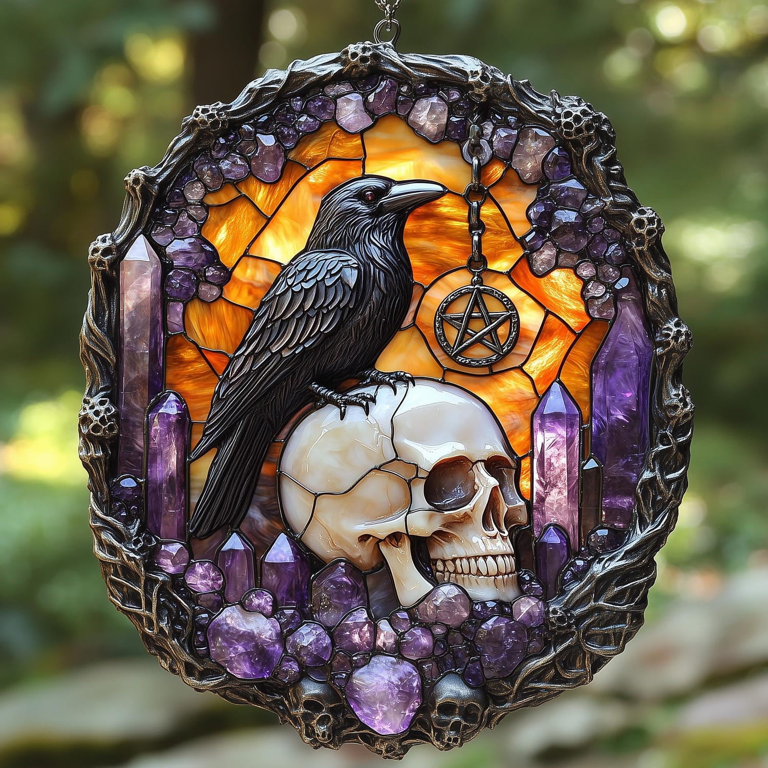 Amethyst Raven & Skull Acrylic Suncatcher - Gothic Sunburst Faux ...
