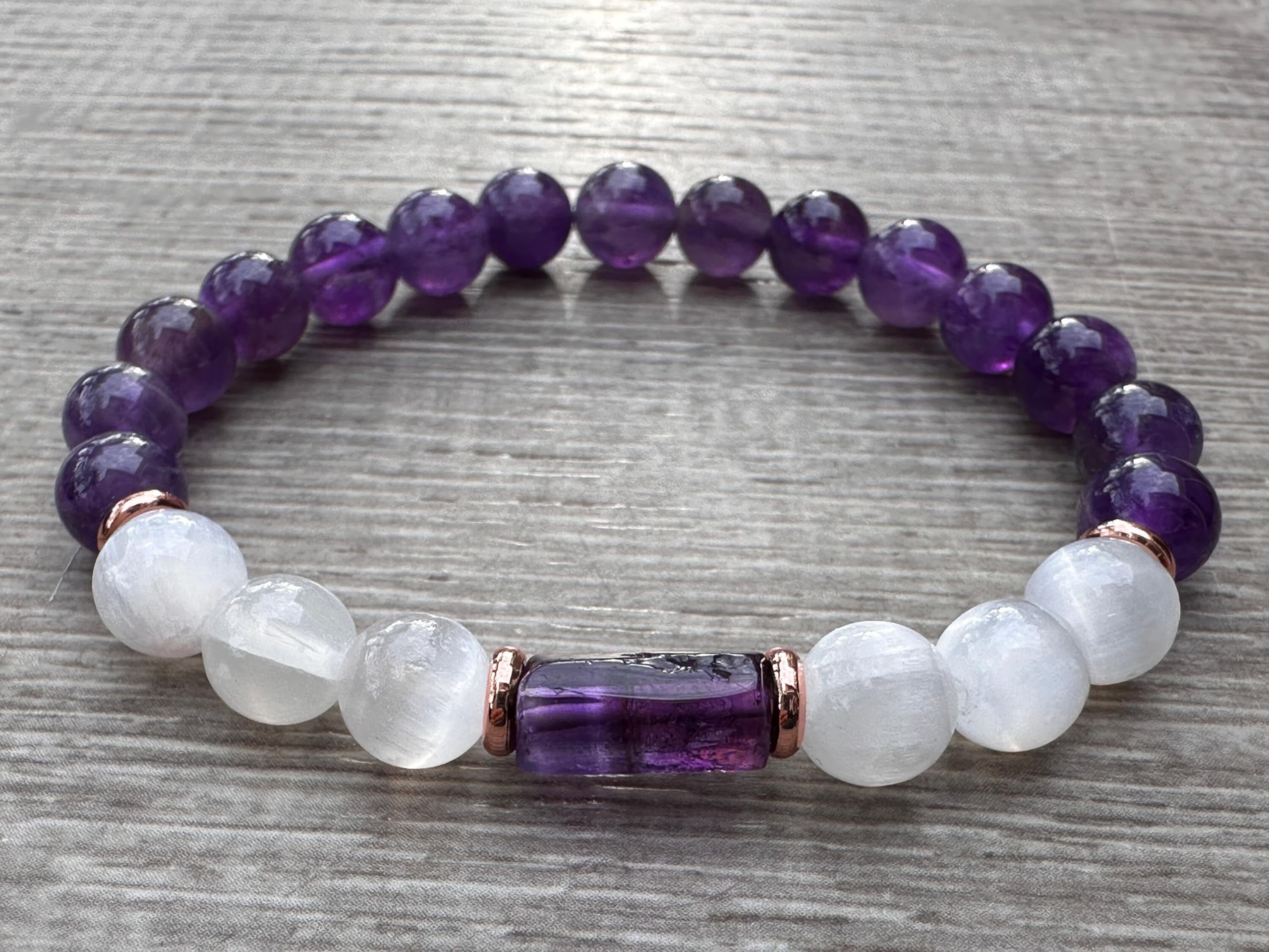 Amethyst and Selenite Crystal Bead Bracelet 8mm, Genuine Amethyst ...