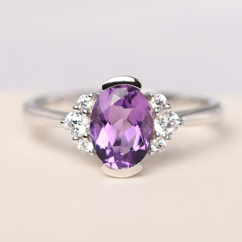 Amethyst promise ring with cluster side stone oval cut silver February birthstone ring - Walmart.com