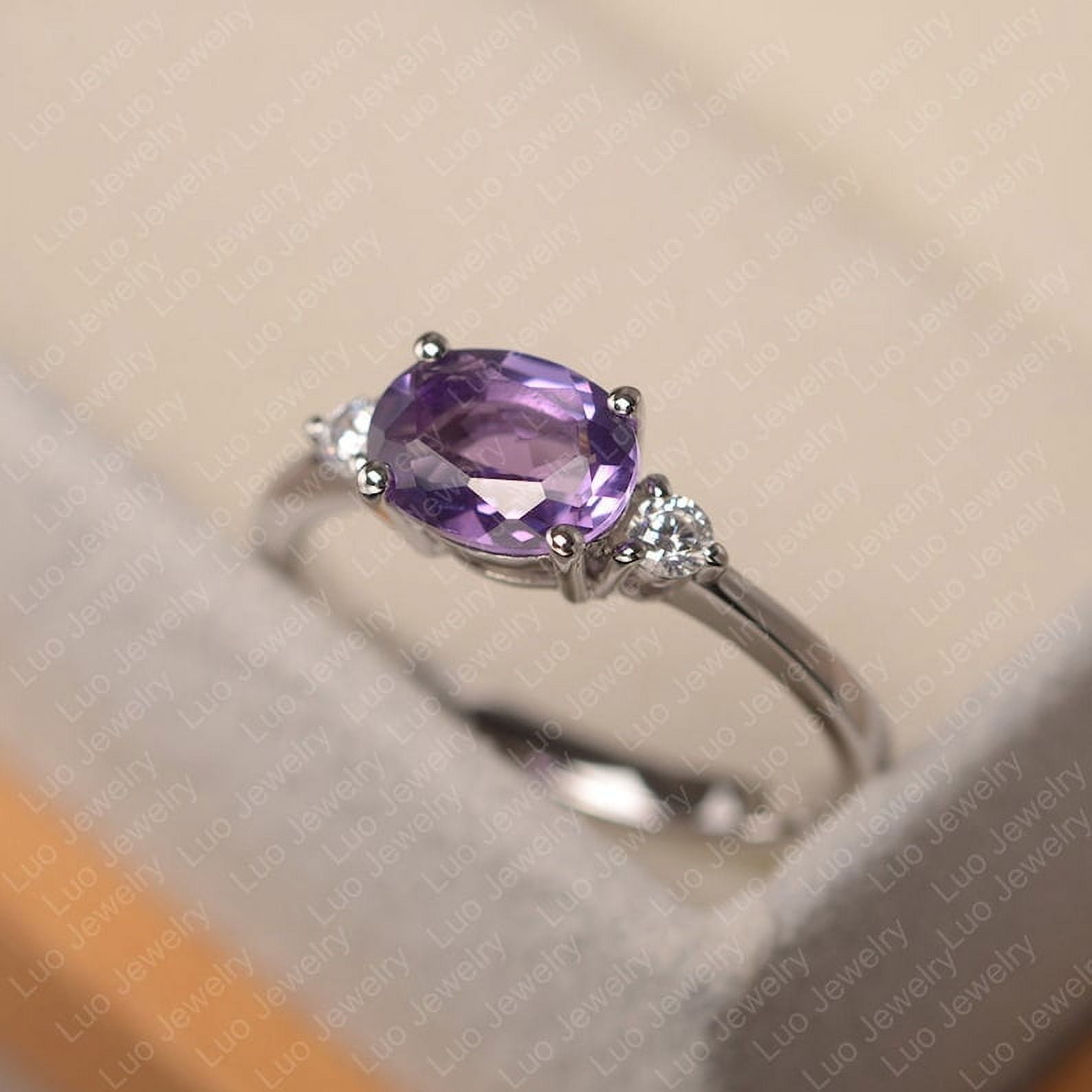 Amethyst ring, oval cut February birthstone ring, sterling silver engagement ring for women ...