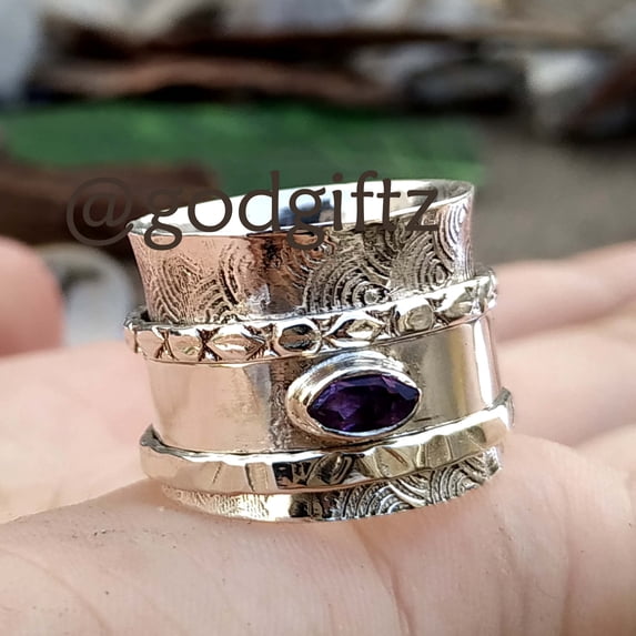 Amethyst spinner ring silver gemstone band ring boho silver spinner ...