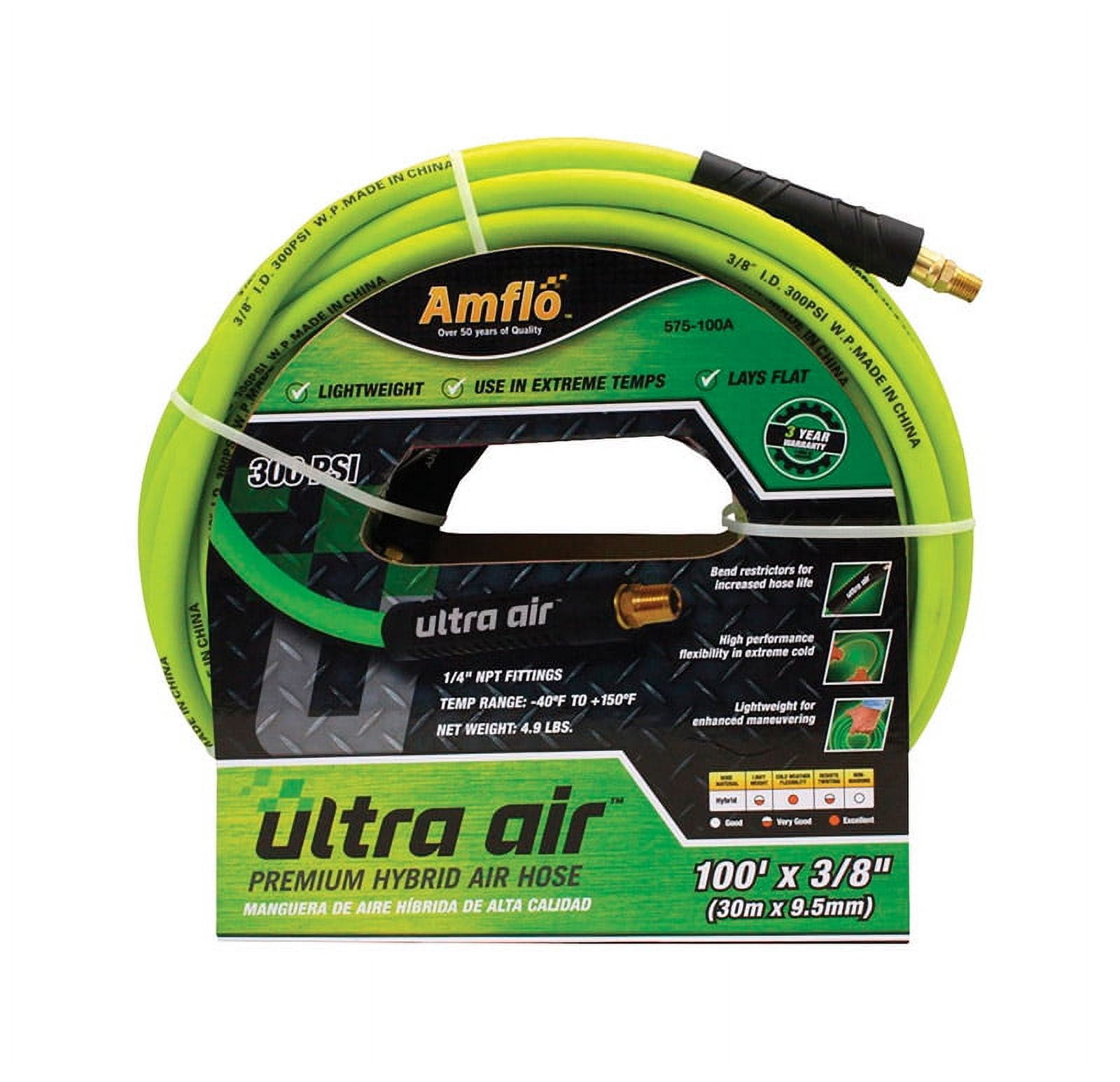 Amflo Ultra Air 100 ft. L X 3/8 in. D Rubber/PVC Hybrid Air Hose 300 psi Green - Walmart.com