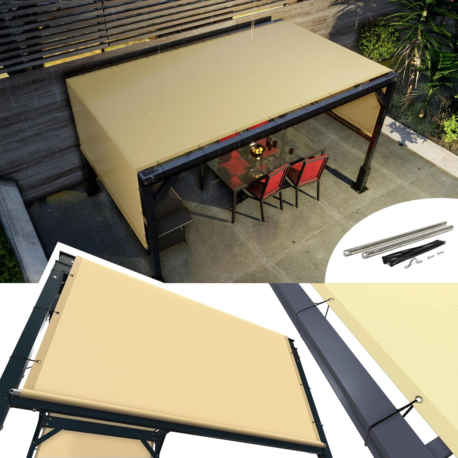 Amgo 6' W x 23' L Beige Waterproof Pergola UPF50 Sun Shade Canopy ...