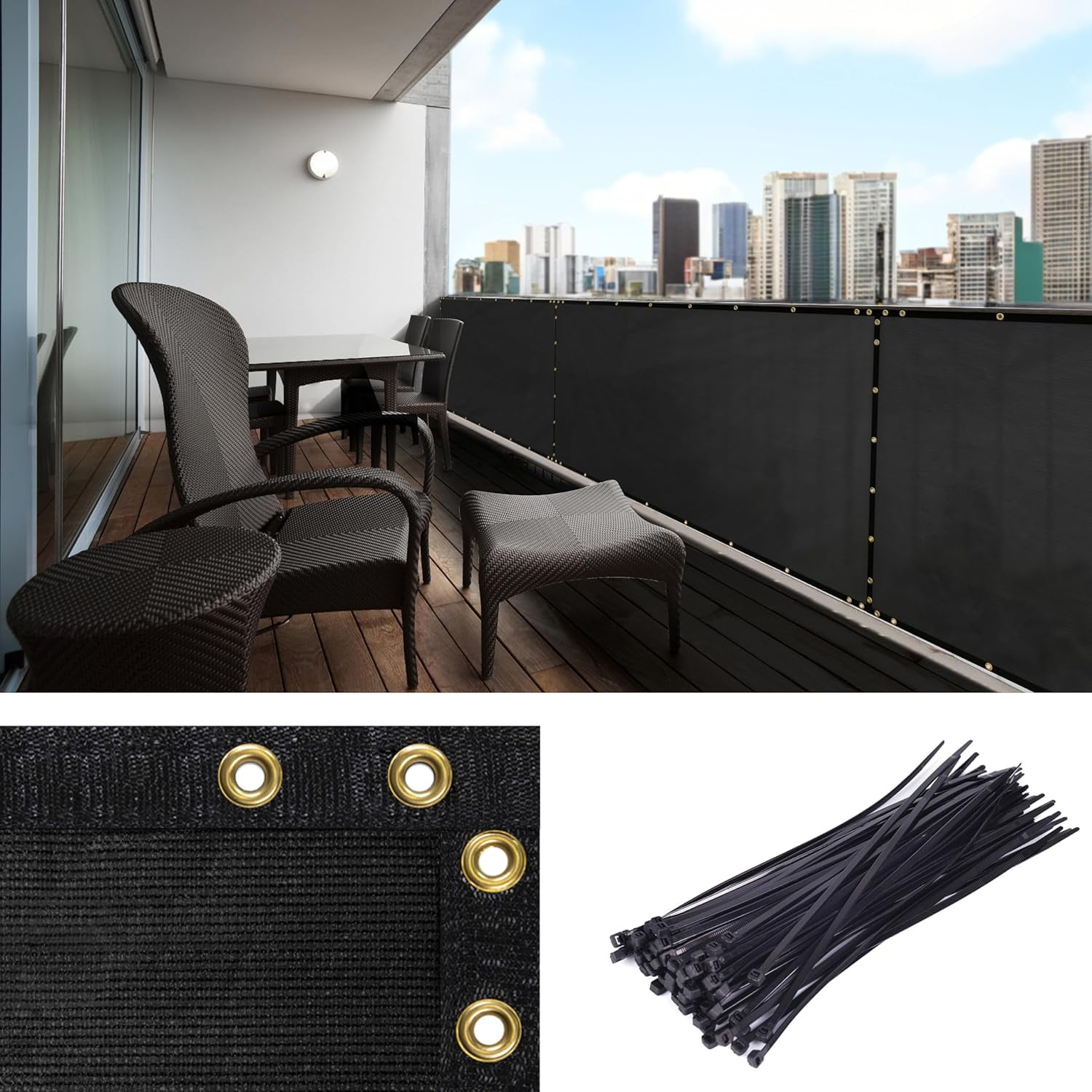 Amgo Custom Made 3' x 170' Black Balcony Privacy Screen, Apartment ...
