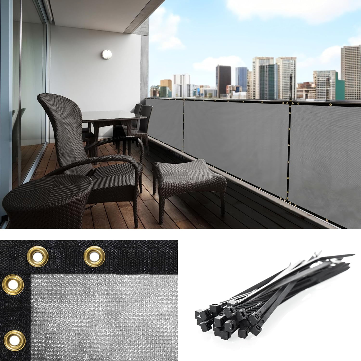 Amgo Custom Made 3' x 29' Grey Balcony Privacy Screen, Apartment Porch ...