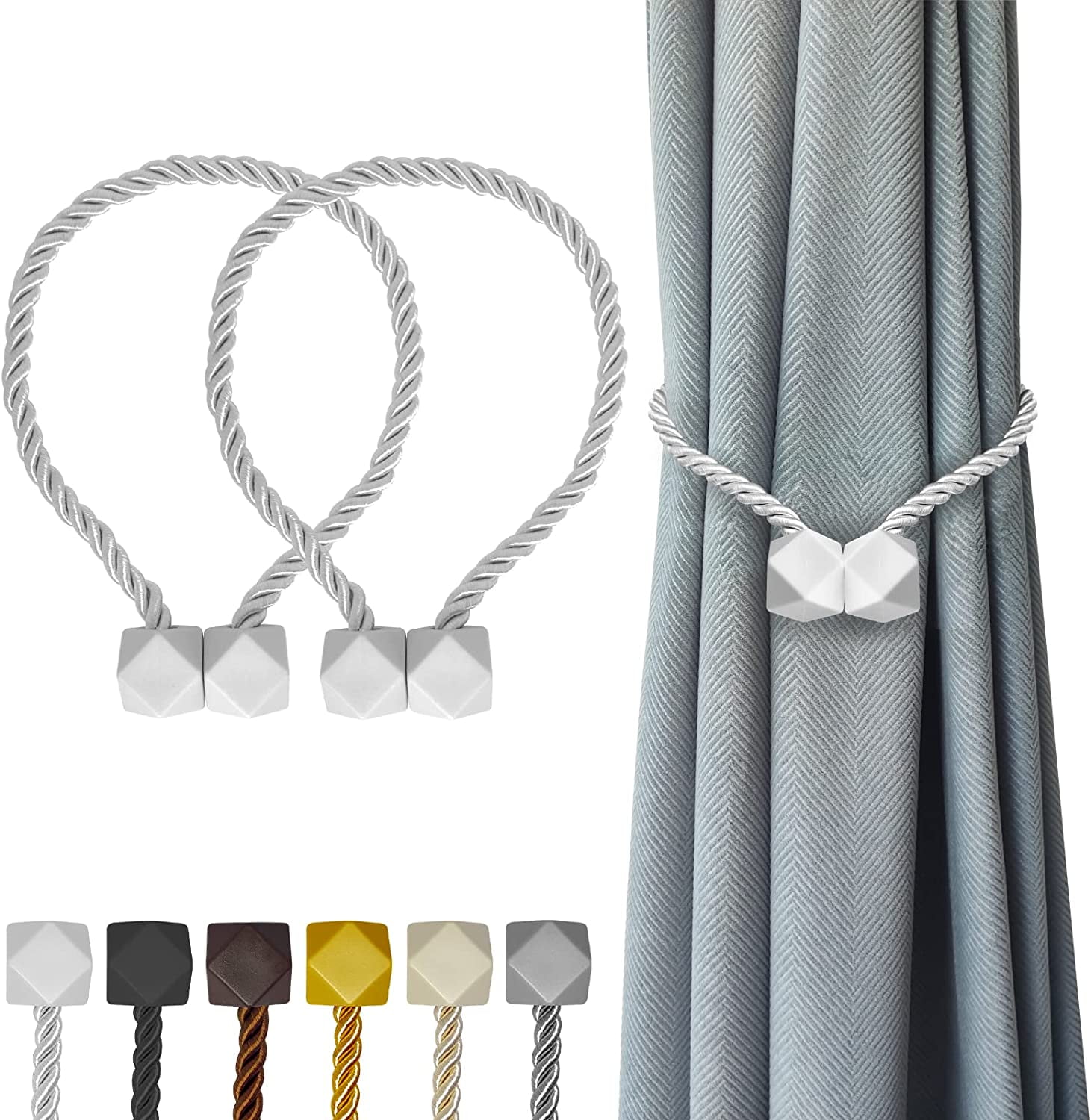 Amgo White Magnetic Curtain Tiebacks, 2 Pack Octagon Style Curtain ...